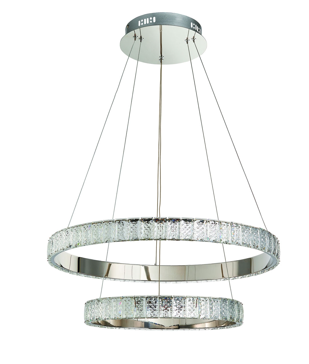 Large LED Double Ring Clear Crystal and Chrome Suspended Pendant