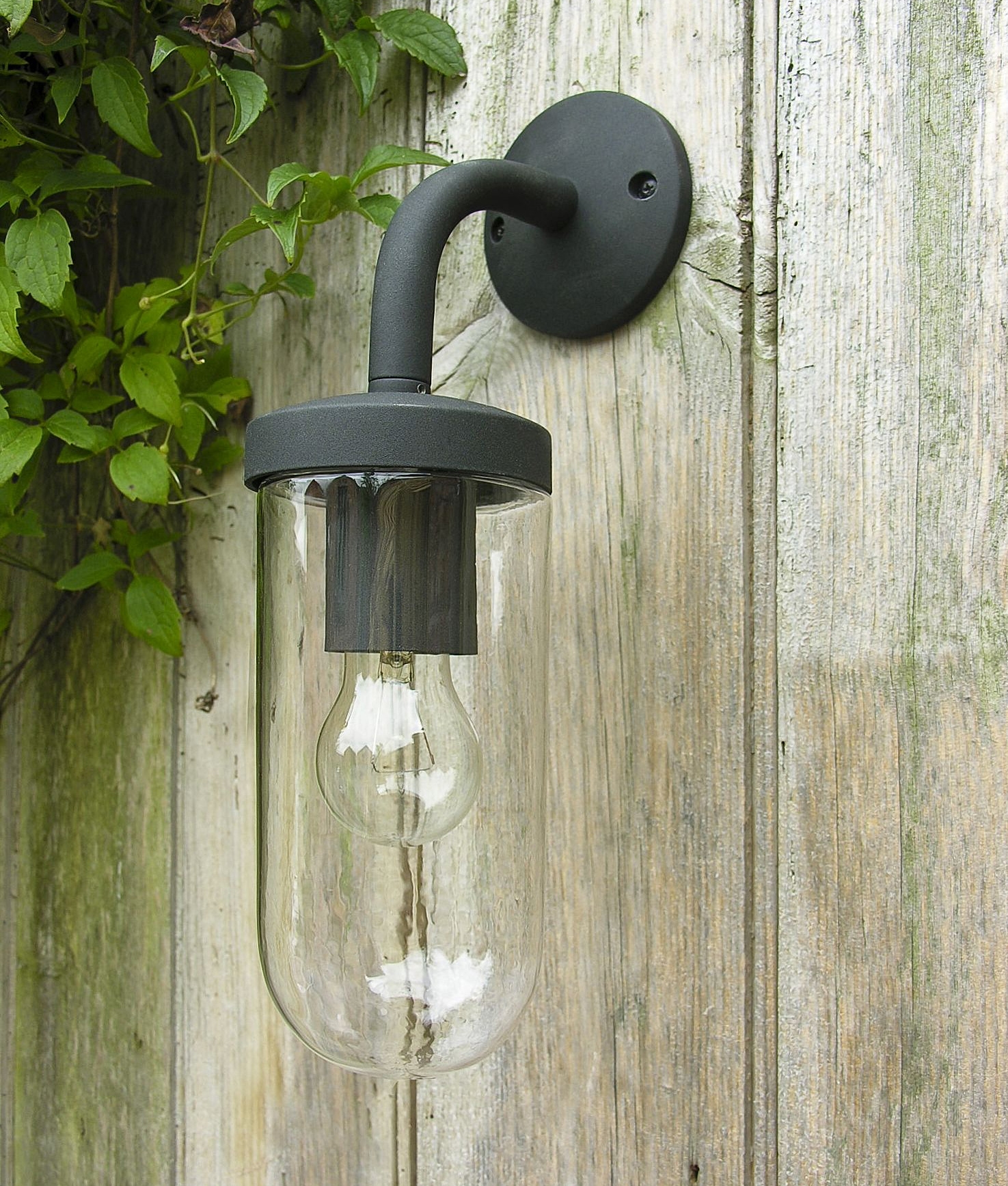 Contemporary exterior wall lantern with a clear glass shade in black or ...