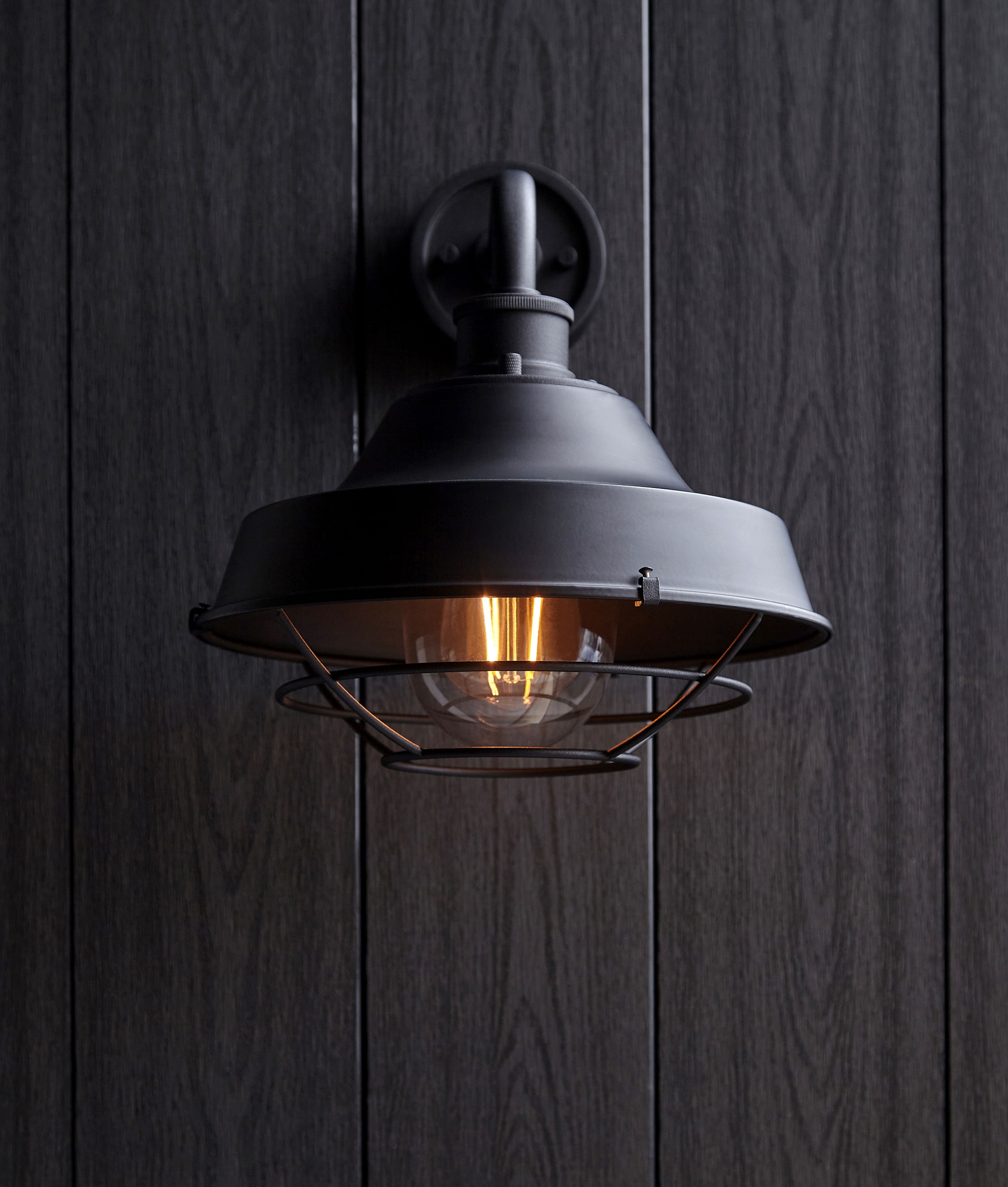 Industrial Black Metal Outdoor Wall Light With Cage