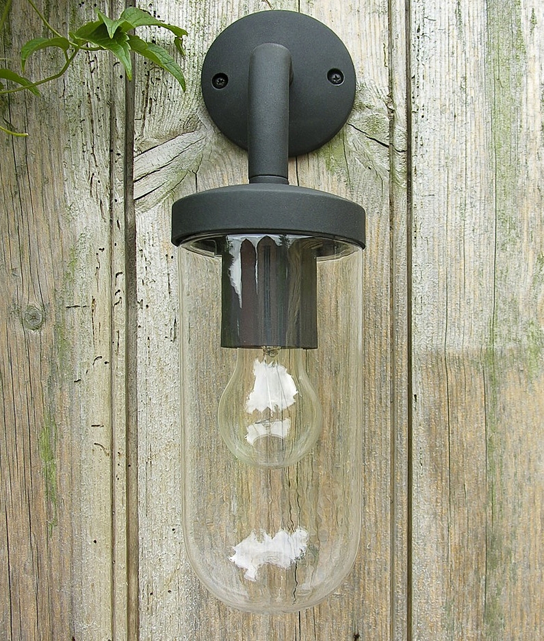 Contemporary exterior wall lantern with a clear glass shade in black or ...