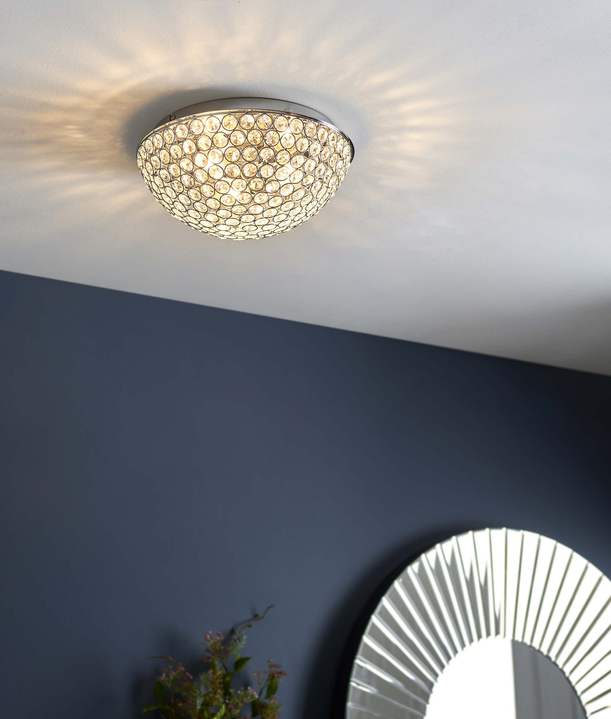Decorative Bathroom Dome Flush Ceiling Light - Crystal & Chrome