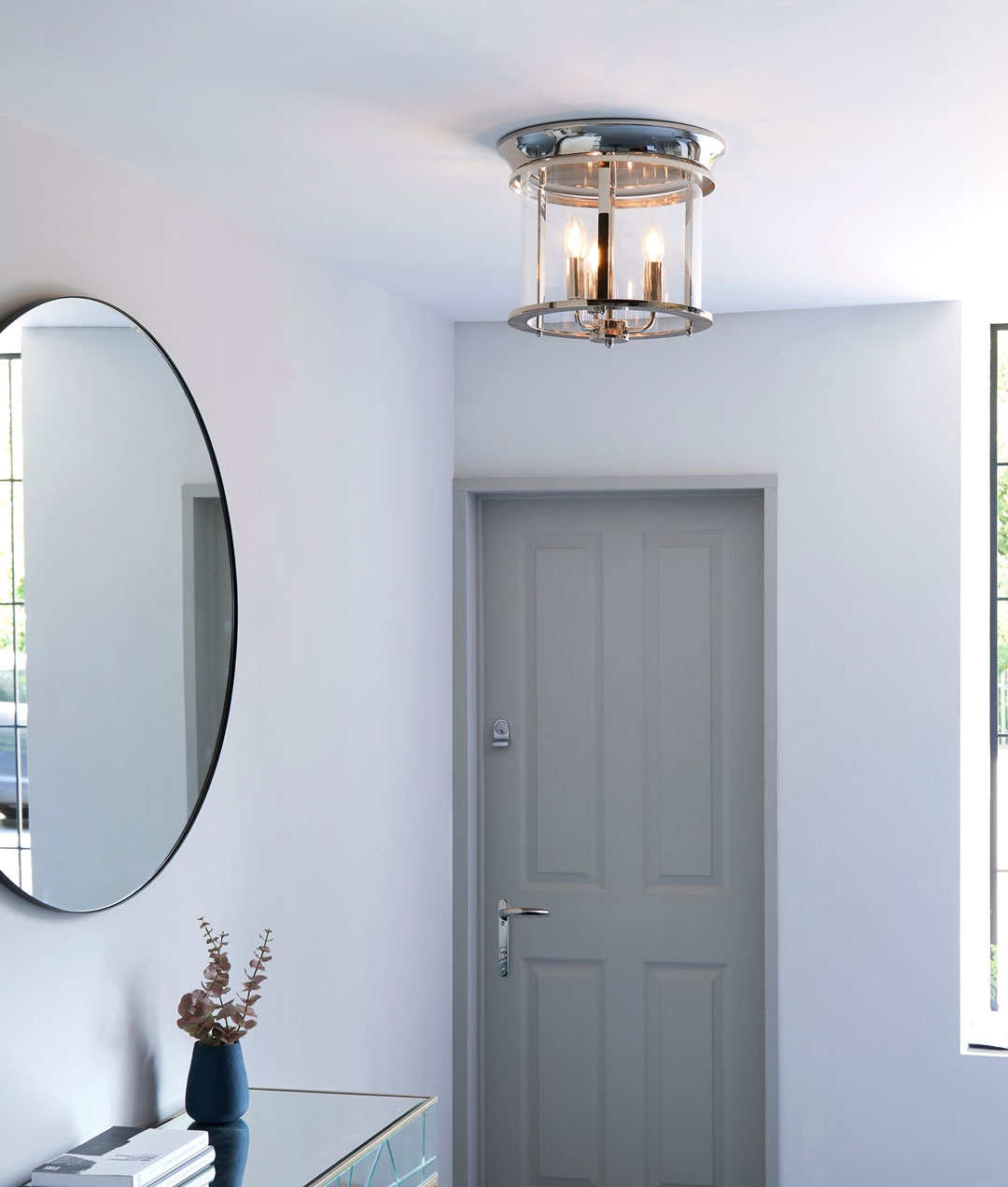 Flush Mounted 3 Arm Nickel and Glass Ceiling Lantern