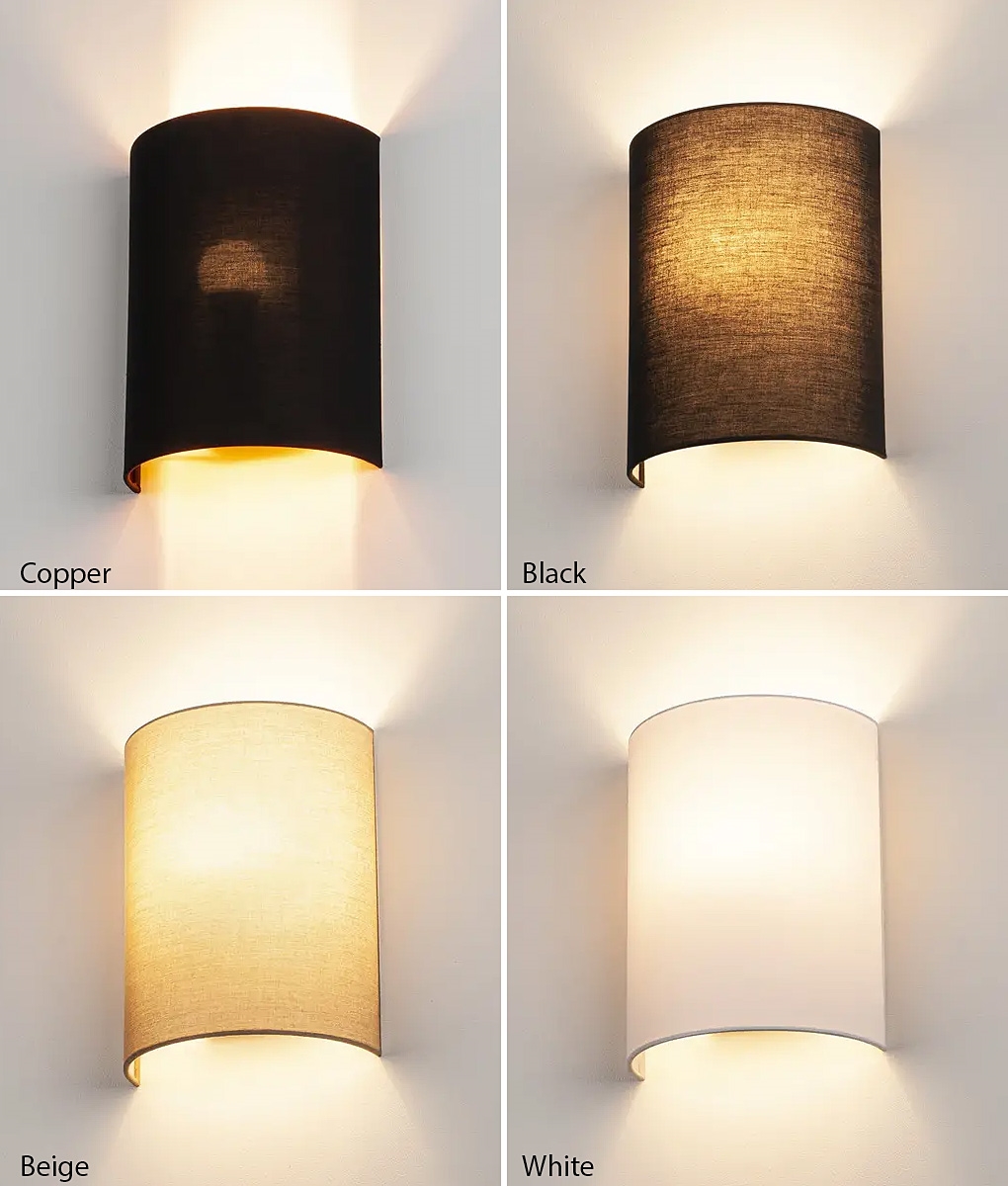 Floating Up & Down Wall Light With Curved Half Fabric Shade - 4 Colours