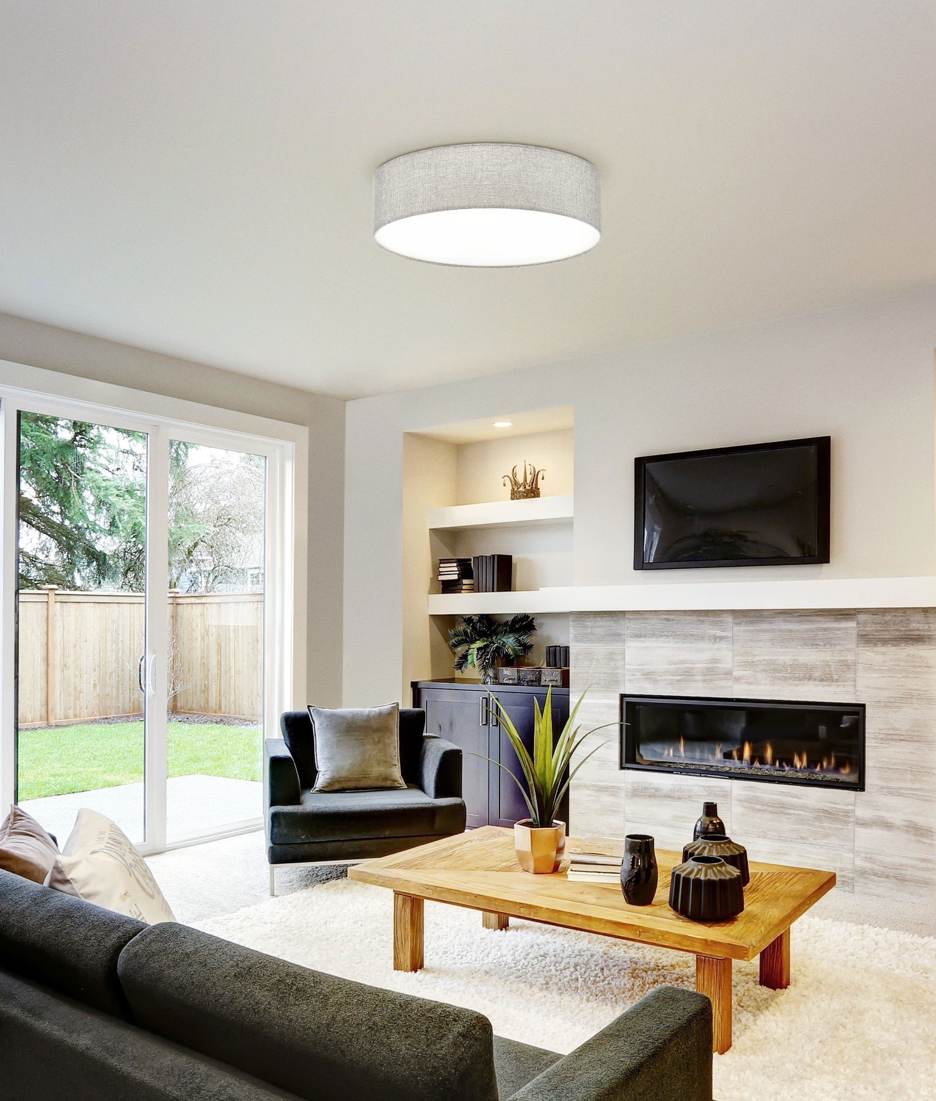 Round Flat Ceiling Light With Textile Drum Shade - 57cm or 76cm