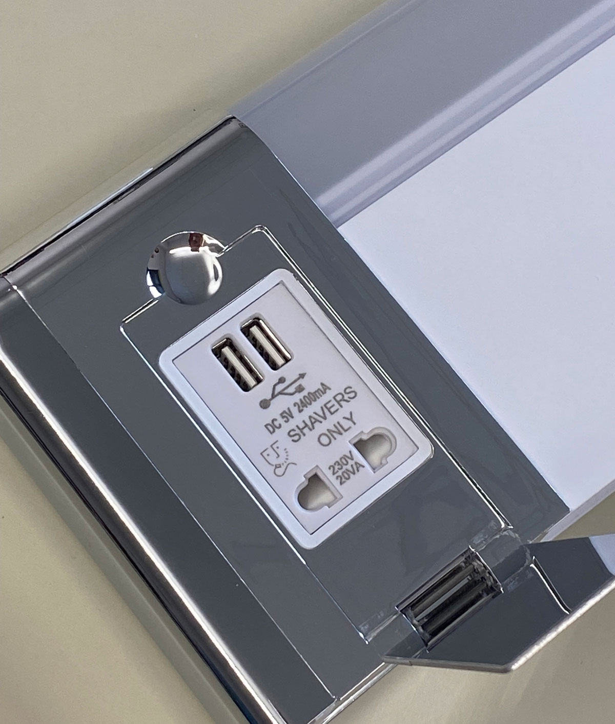 Chrome Bathroom Wall Light and Shelf with 2 x USB 5v Sockets and Shaver ...