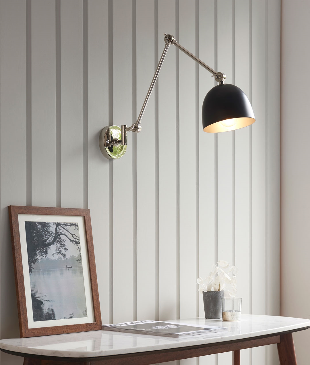 Highly Adjustable Swing Arm Shaded Wall Light in Brass or Nickel