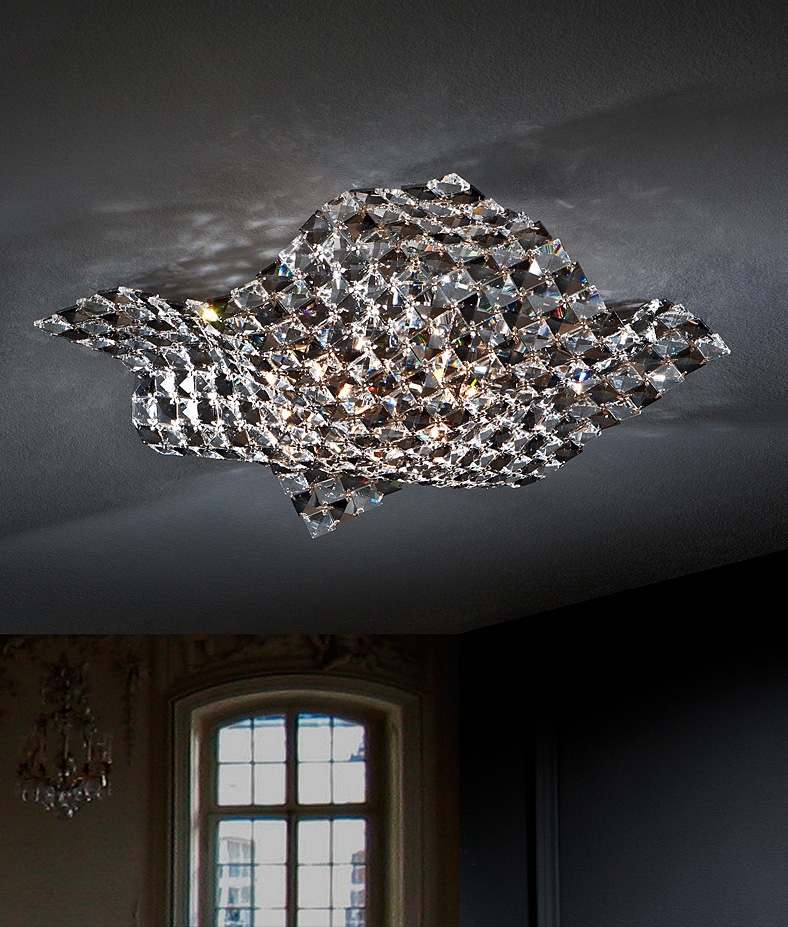 Semi-flush clear and smoked crystal ceiling light