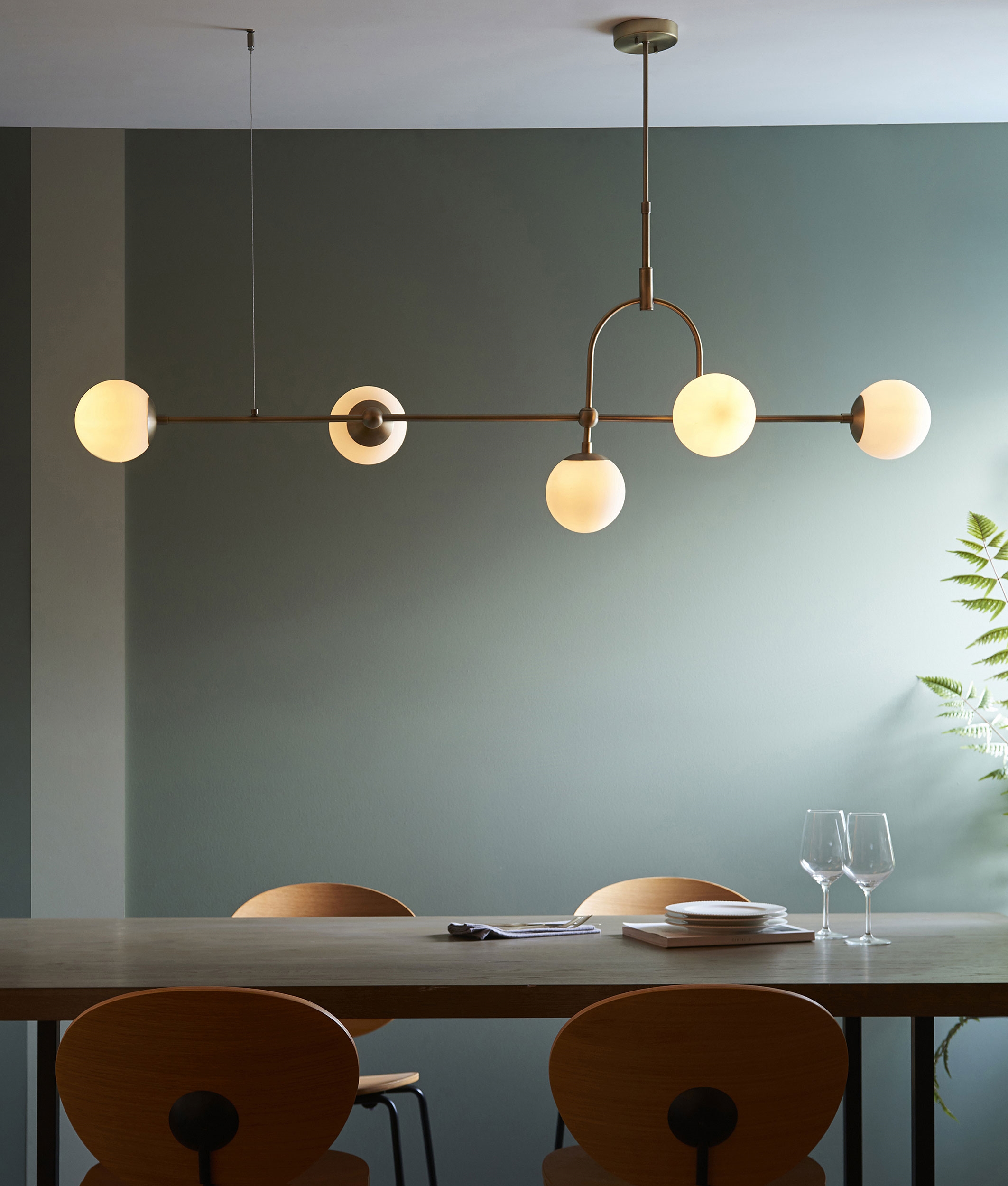 Art Deco Linear Suspended Pendant - Brass & Opal Glass