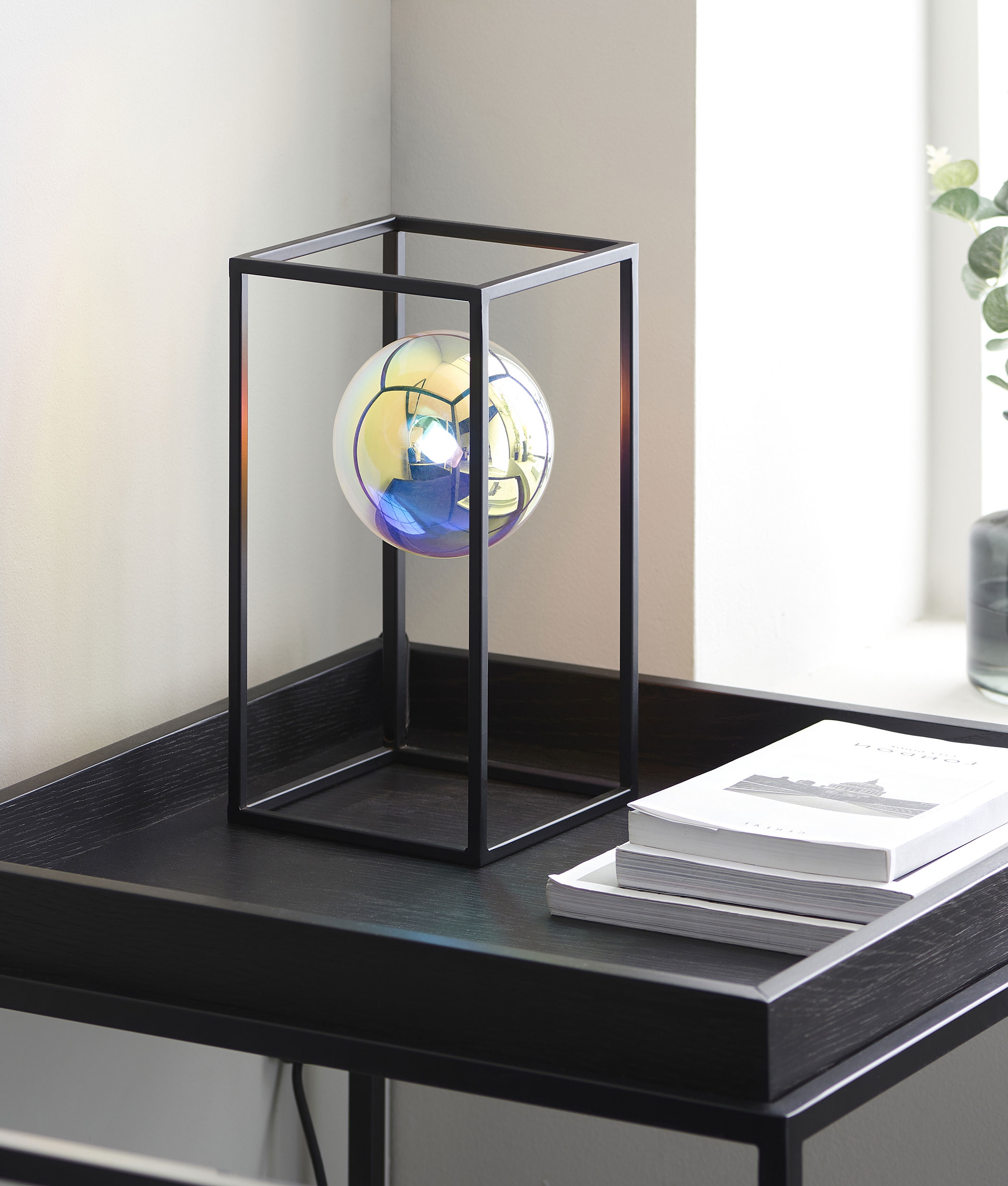 Modern Matt Black Open Frame Table Lamp - Iridescent Glass