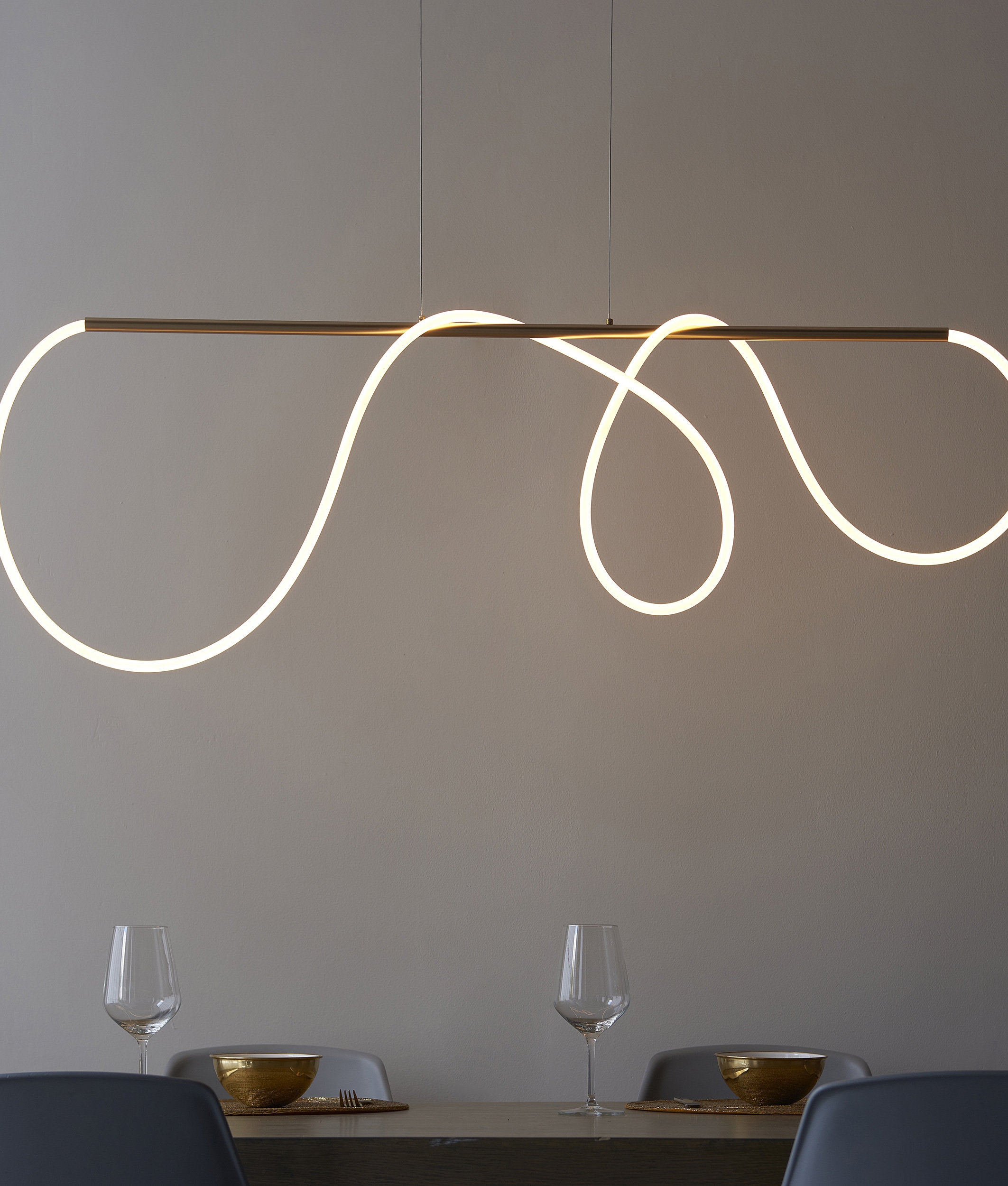 Neon Tube Styled Linear Satin Gold Suspended Pendant with Flexible LED