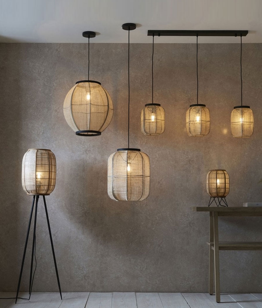 Table Lamp with Open-Weave Natural Linen Shade and Black Base