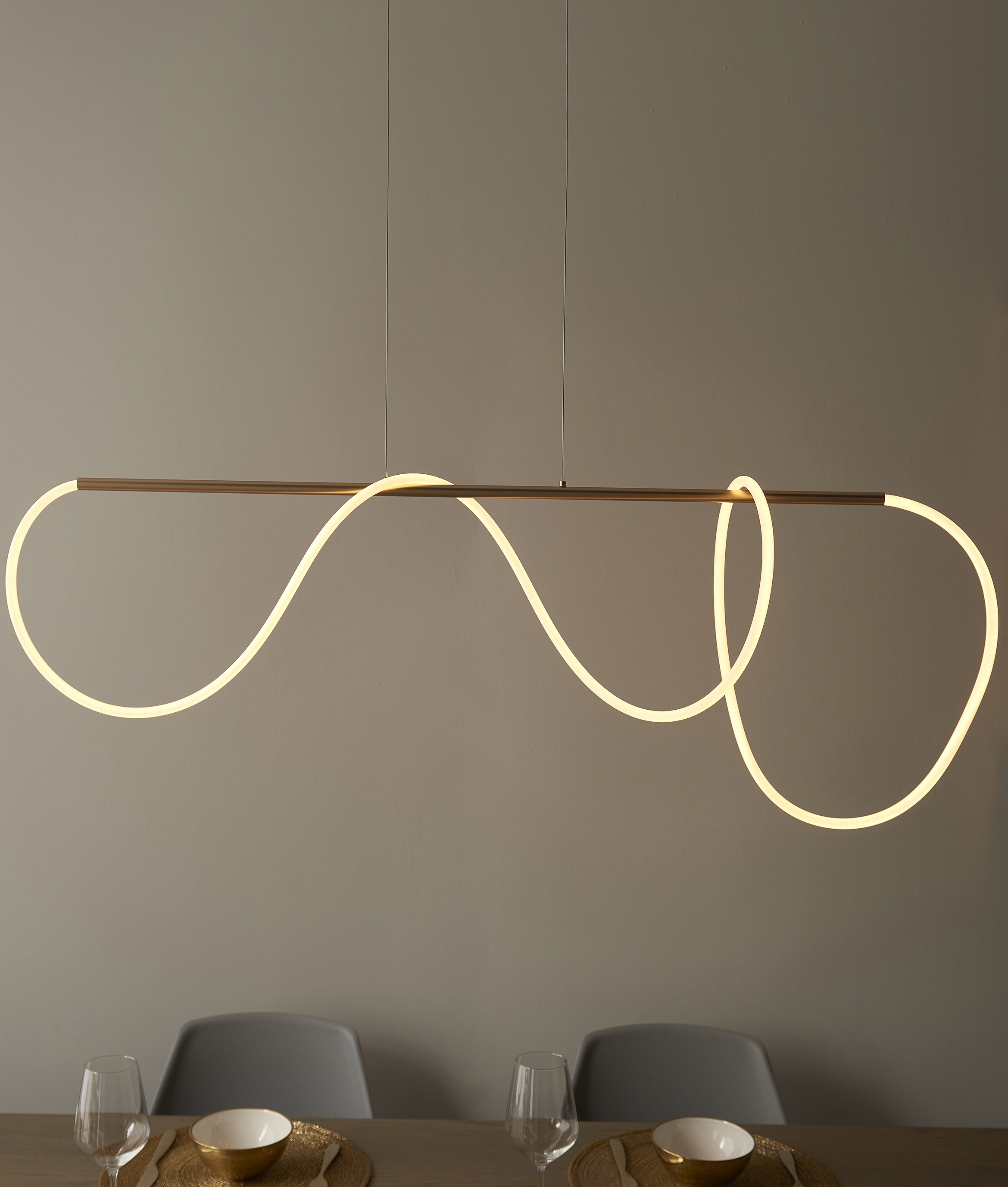 Neon Tube Styled Linear Satin Gold Suspended Pendant with Flexible LED