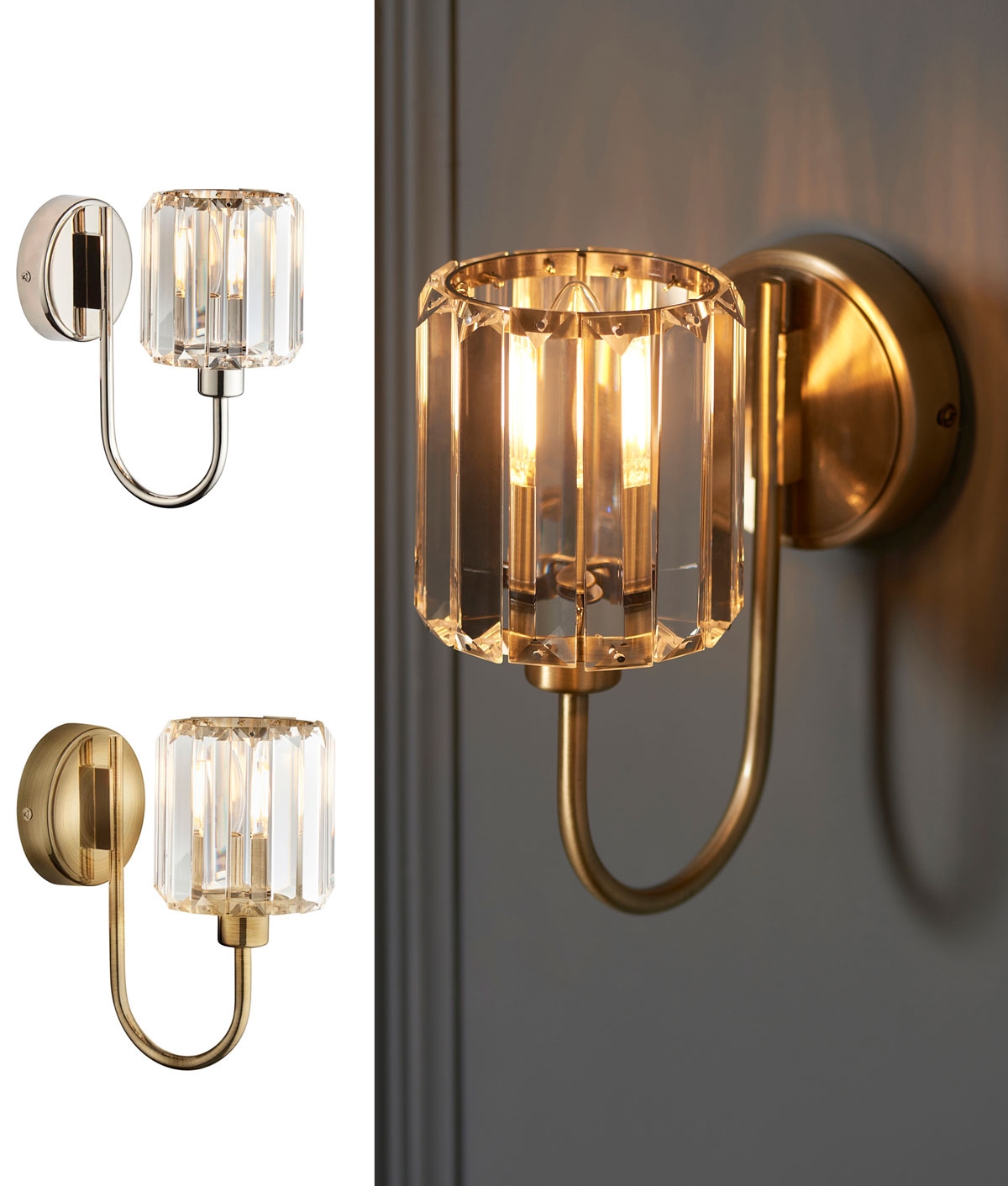Cut-Crystal Glass Shade Wall Light with Swoop Arm - Nickel or Brass