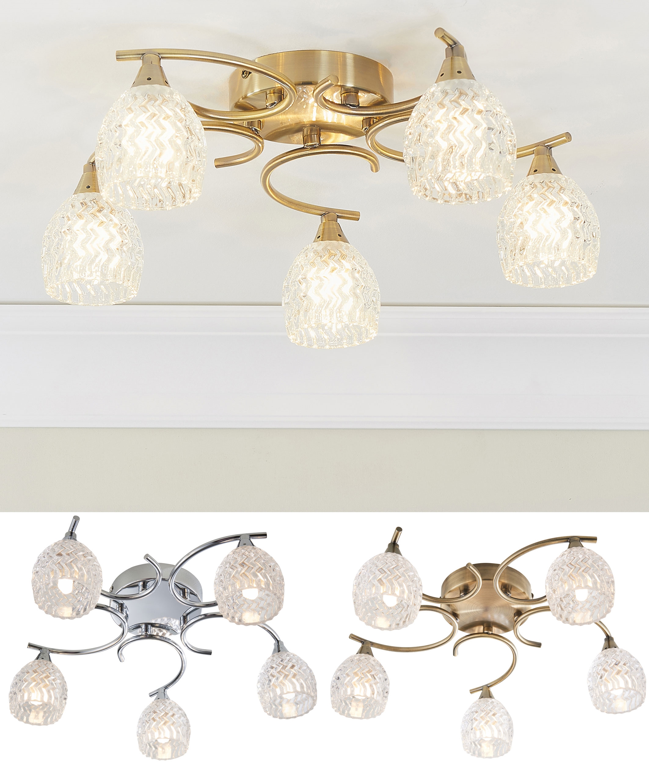 Cut Glass Shade 5 Arm Flush Mounted Ceiling Light