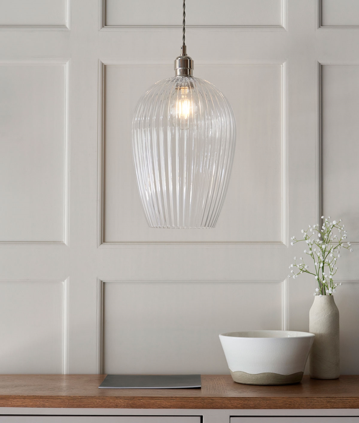 Bright Nickel Metalwork and Clear Ribbed Glass Pendants in 3 Sizes