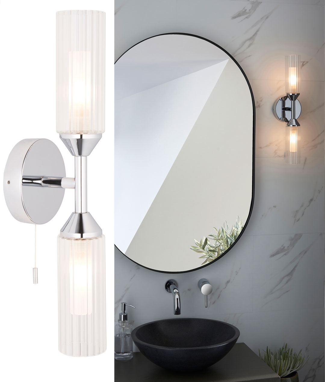 Double Ribbed Glass Polished Chrome Bathroom Light IP44