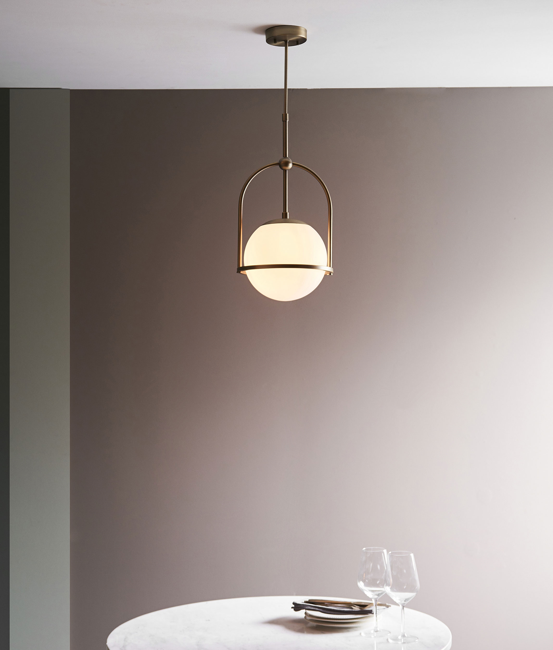 Art Deco Rod Suspended Pendant - Brass & Opal Glass