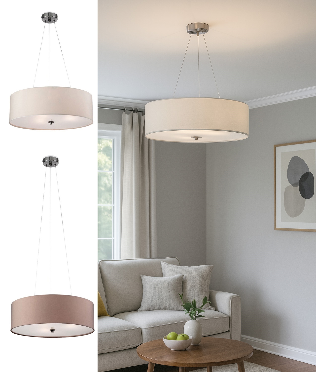 Medium Drum Wire-Suspended Pendant Light with Diffuser – Cream or Taupe ...