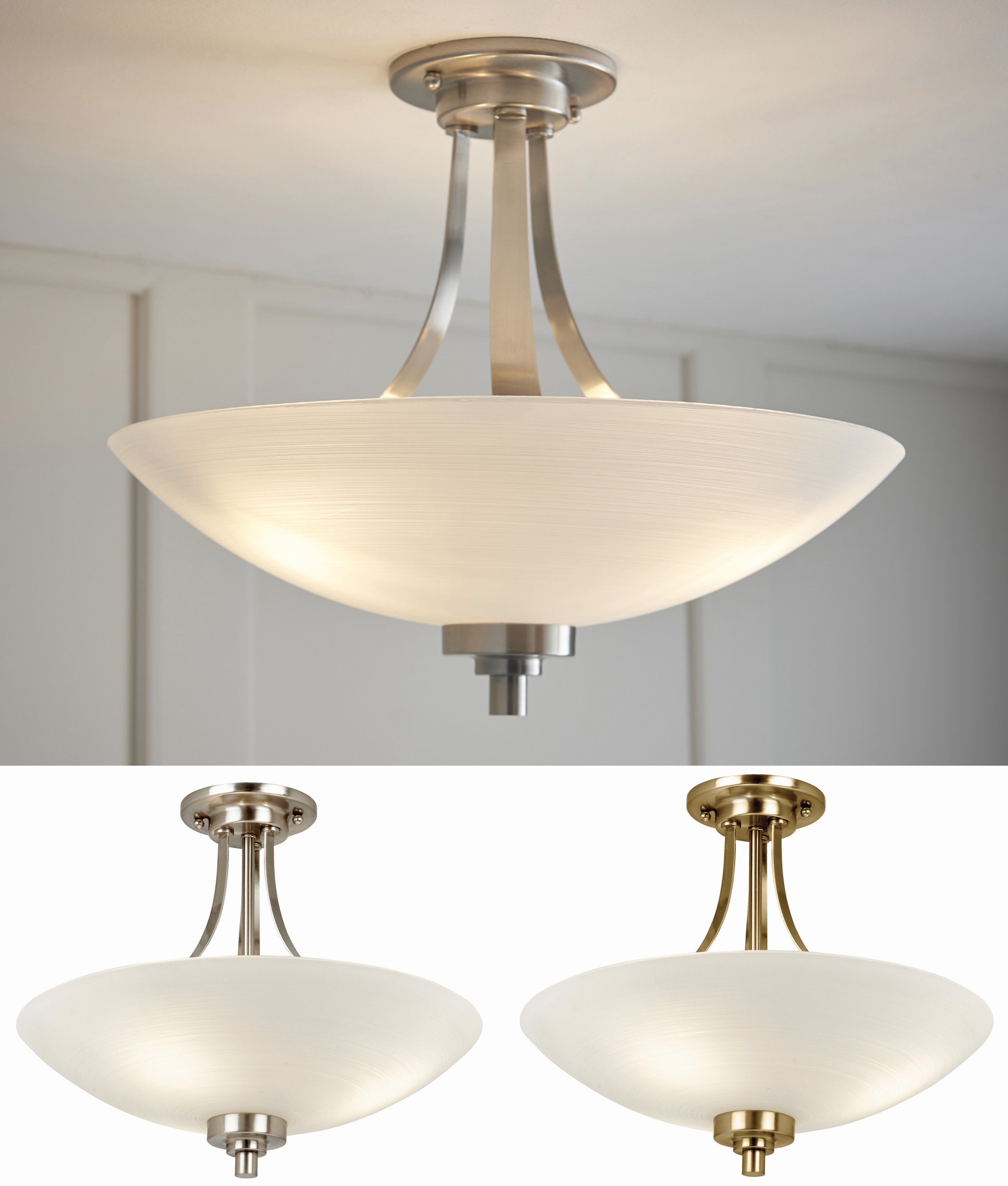 Affordable Metal & Glass Semi Flush Ceiling Light - Chrome or Brass