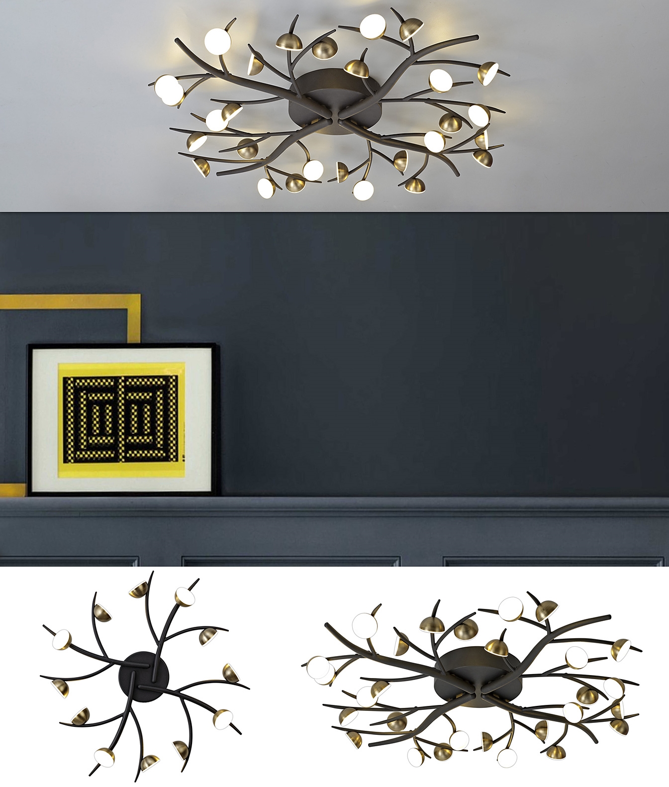 An Organic Inspired Flush Ceiling Light - Black Branches and Golden LED Bubs