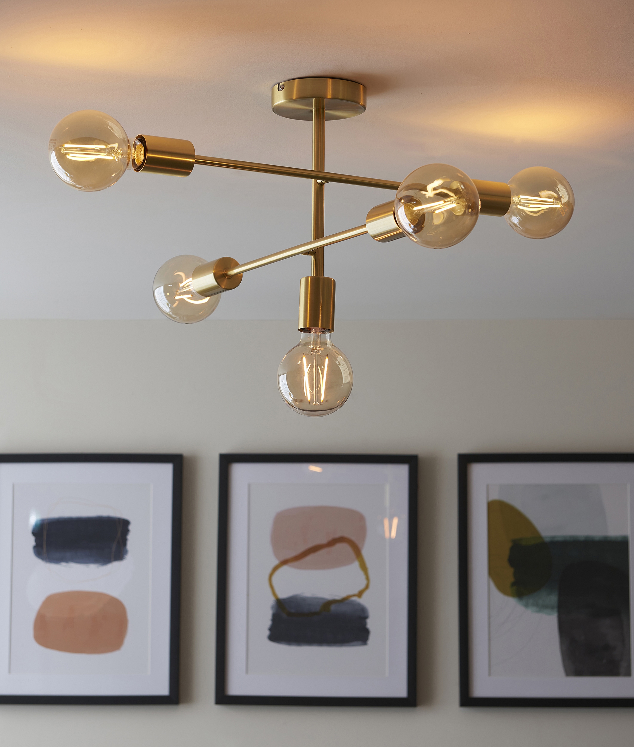 5 Bare Lamp Ceiling Light for Low Ceilings in Satin Brass