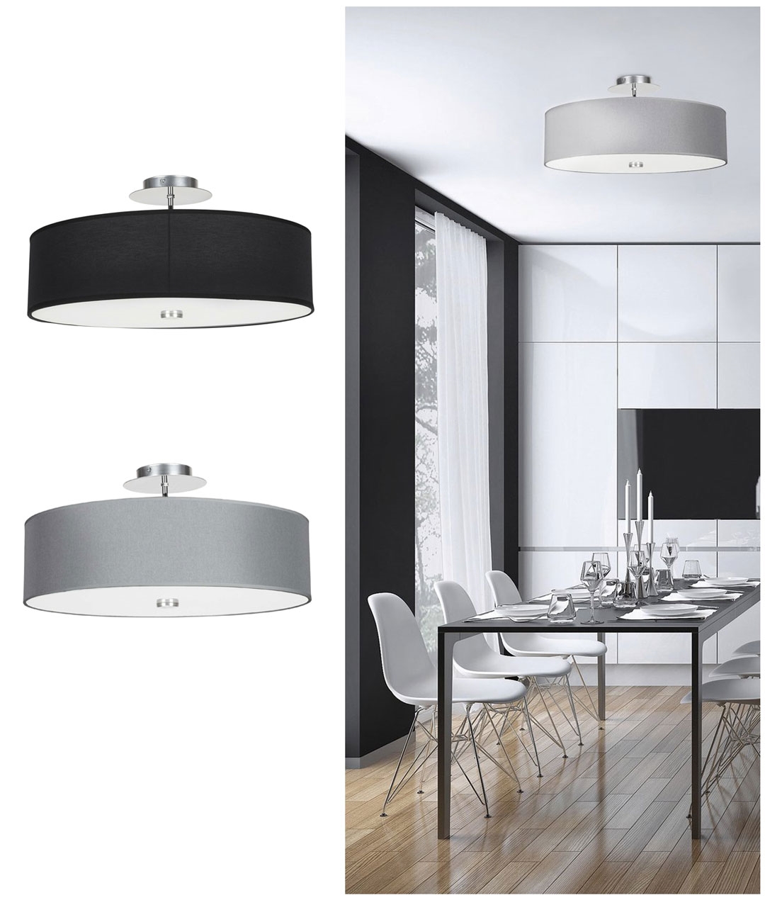 Fabric Shade Modern Semi-Flush Light with Glass Diffuser - 3 Finishes