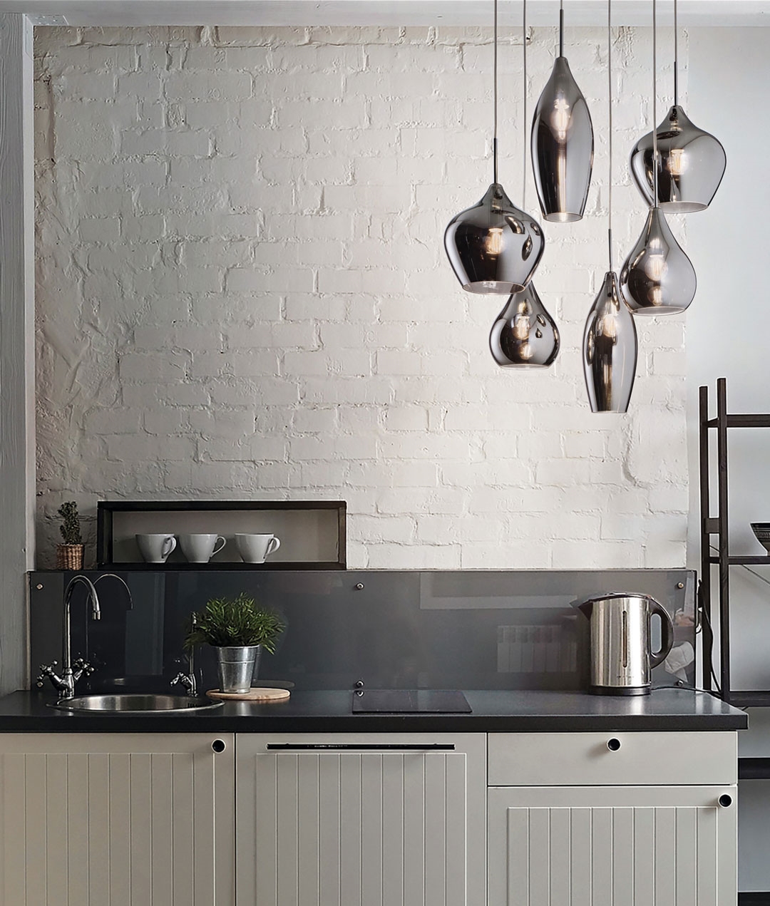 6 Light Modern Cluster Pendant with White or Grey Glass