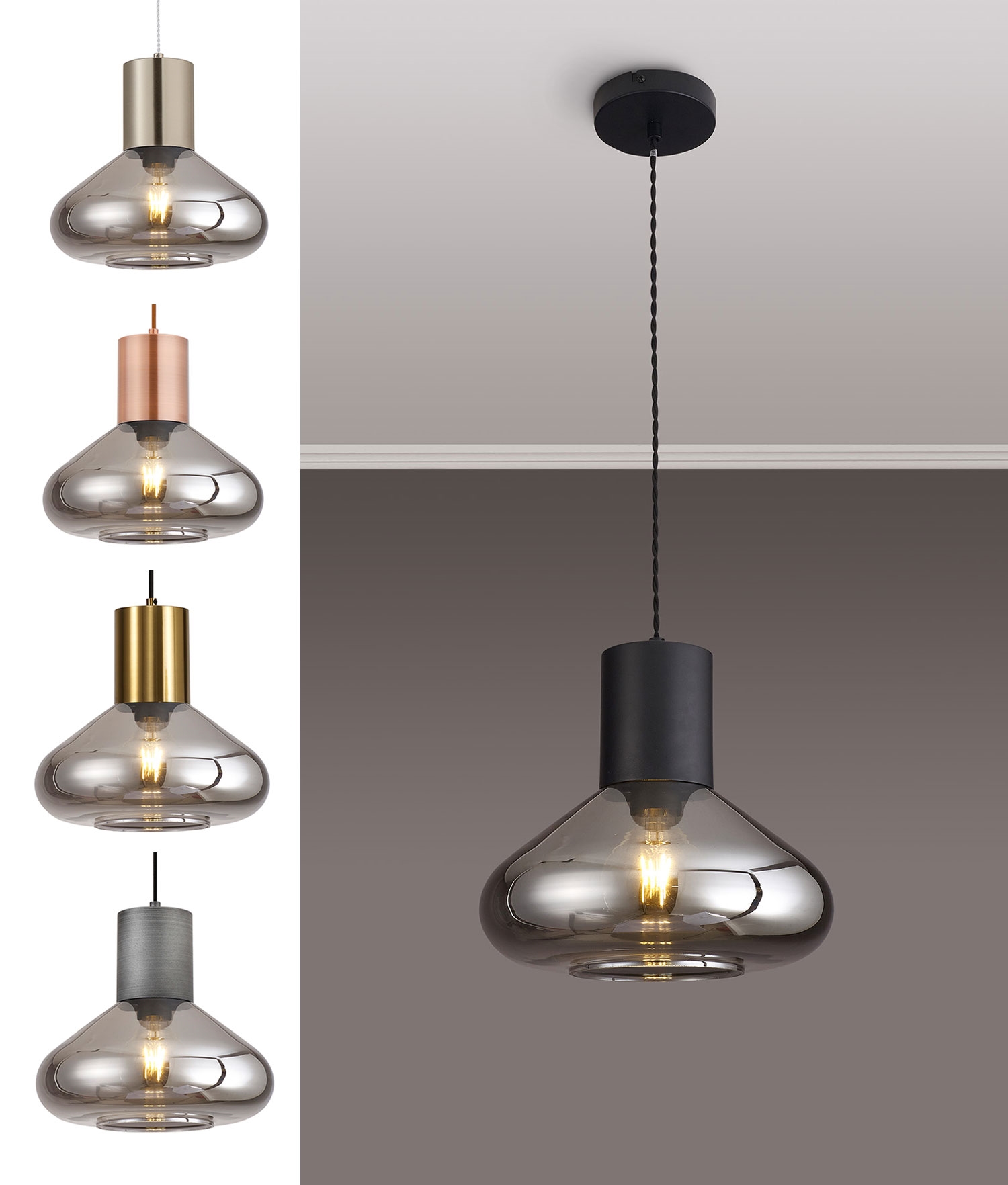 Single Flex Pendant in 5 Finishes with Glass Smoke Shade