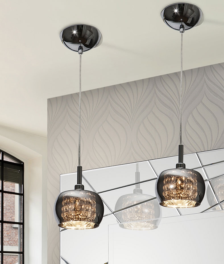 Chrome & Smoked Mirror Glass Pendant with Crystals