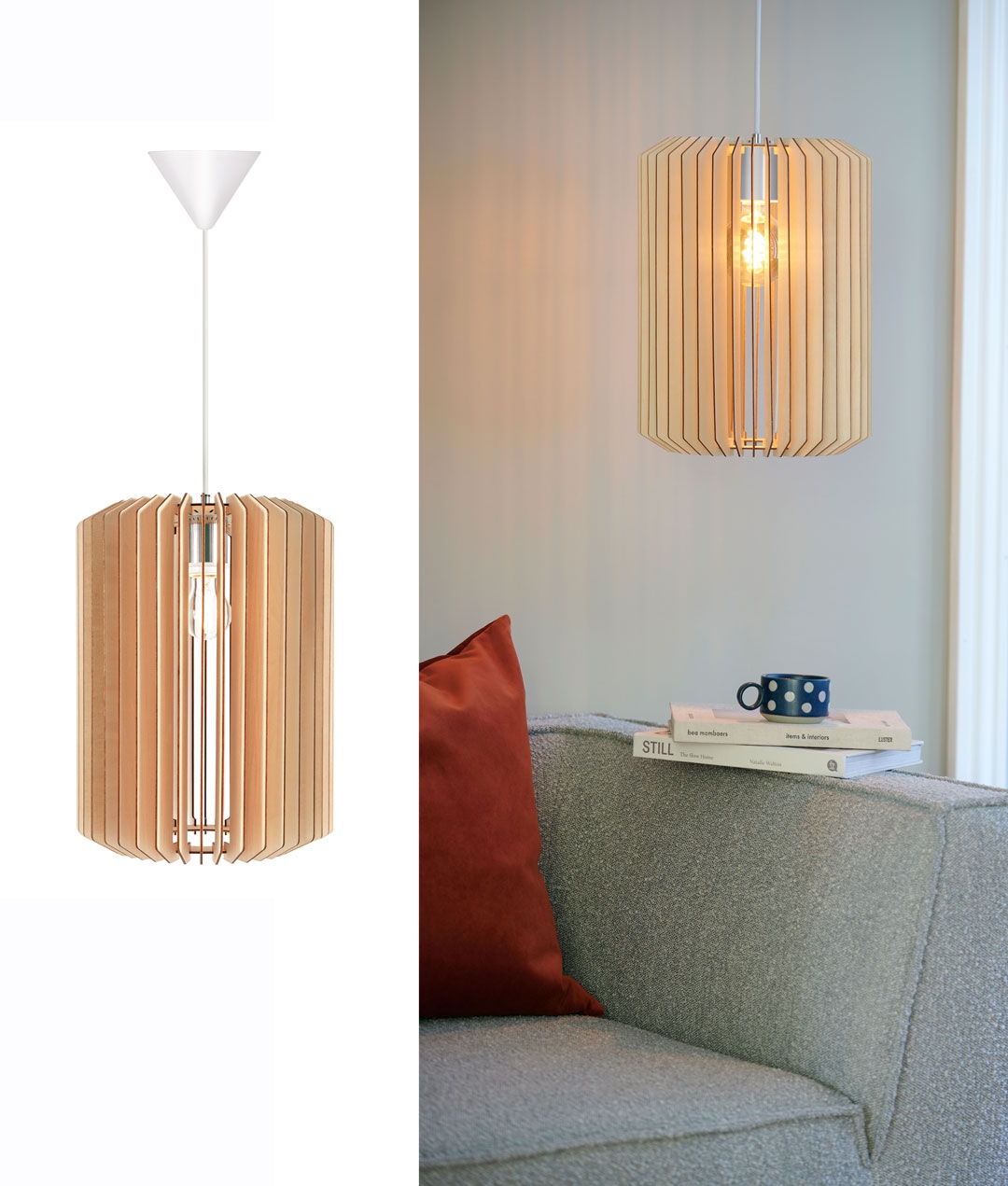 Light Veneer Slatted Wooden Pendants - 2 Sizes