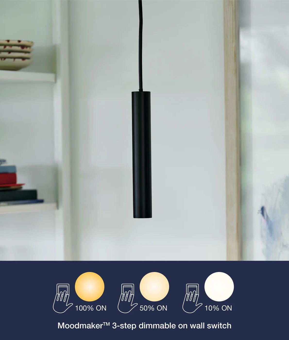 Slim Cylindrical Tube LED Pendant Light in White or Black - Dimmable