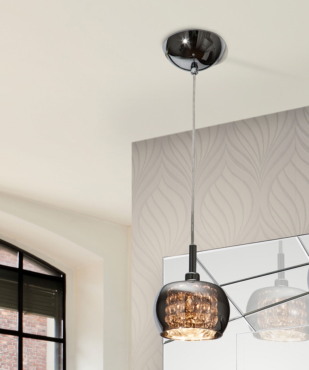 Chrome and Smoked Mirror Glass Single Pendant with Interior Crystals