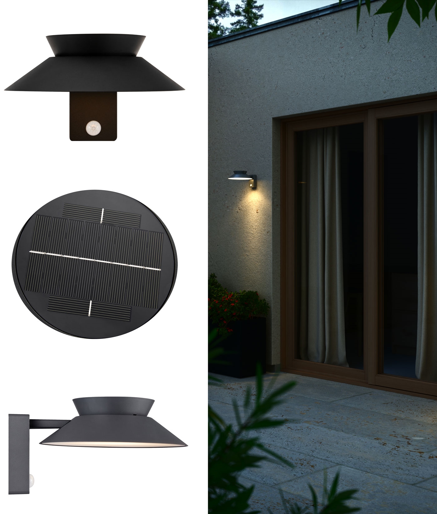 PIR Solar Powered LED Wall Light - Nordic Design - Black or Grey
