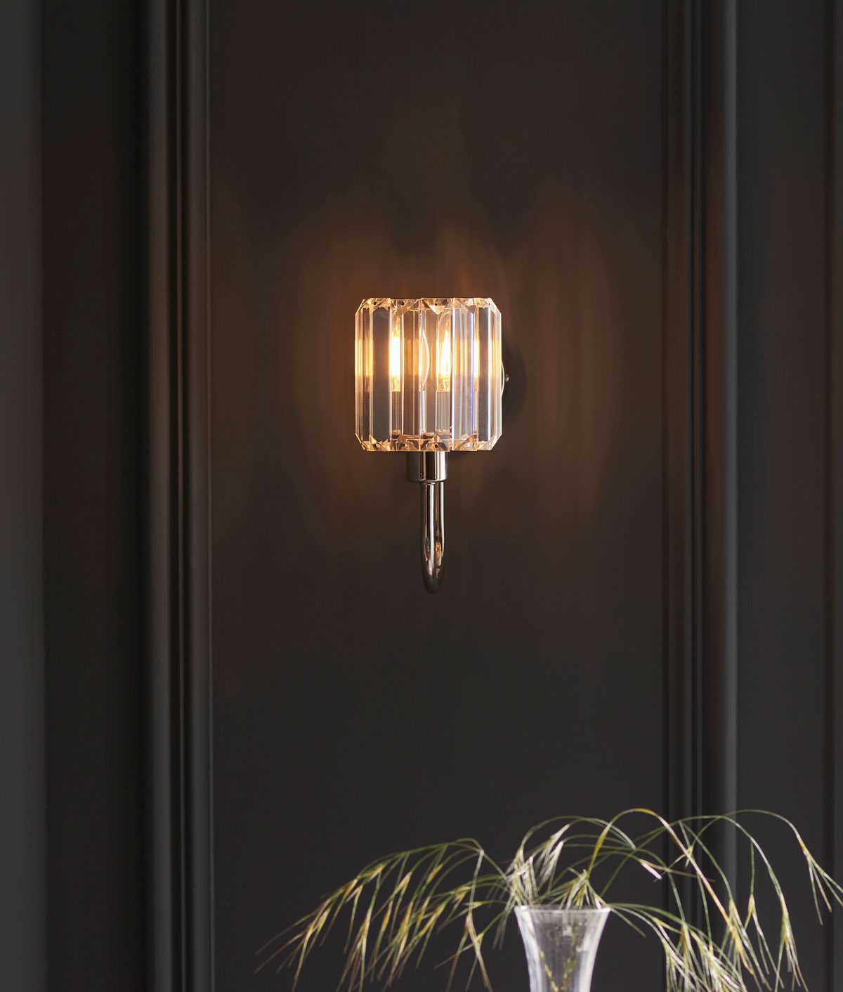 Cut-Crystal Glass Shade Wall Light with Swoop Arm - Nickel or Brass
