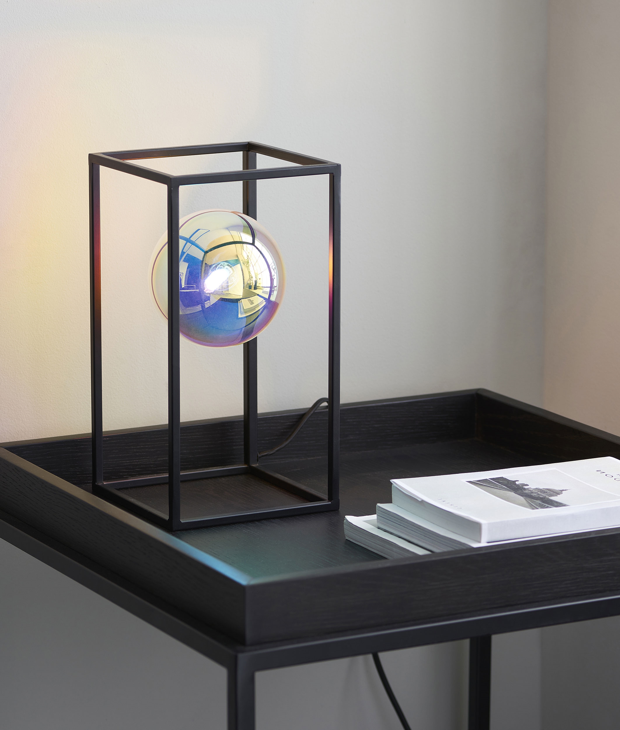 Modern Matt Black Open Frame Table Lamp - Iridescent Glass