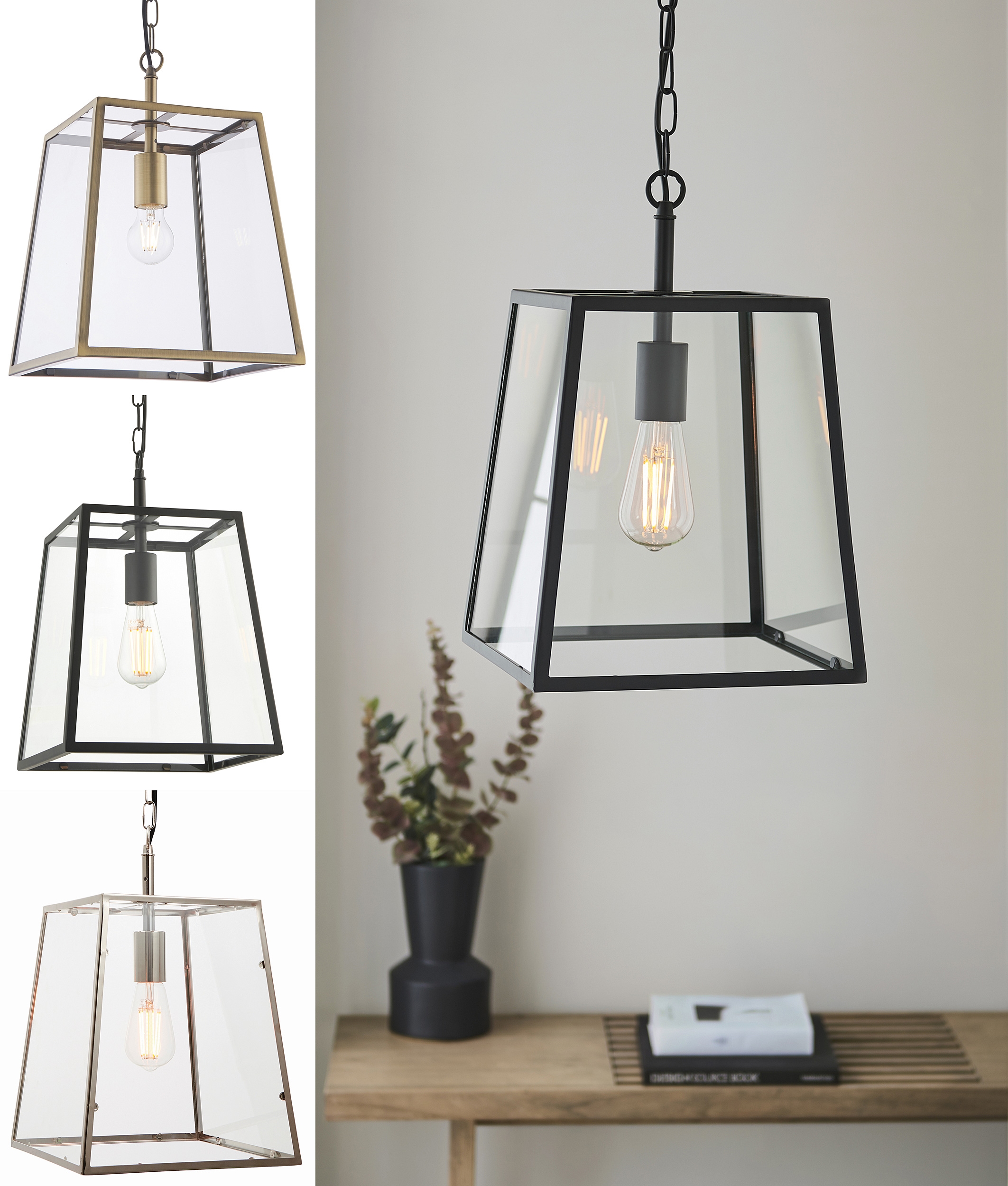 Tapered Box Pendants with Clear Glass - Brass, Nickel or Black