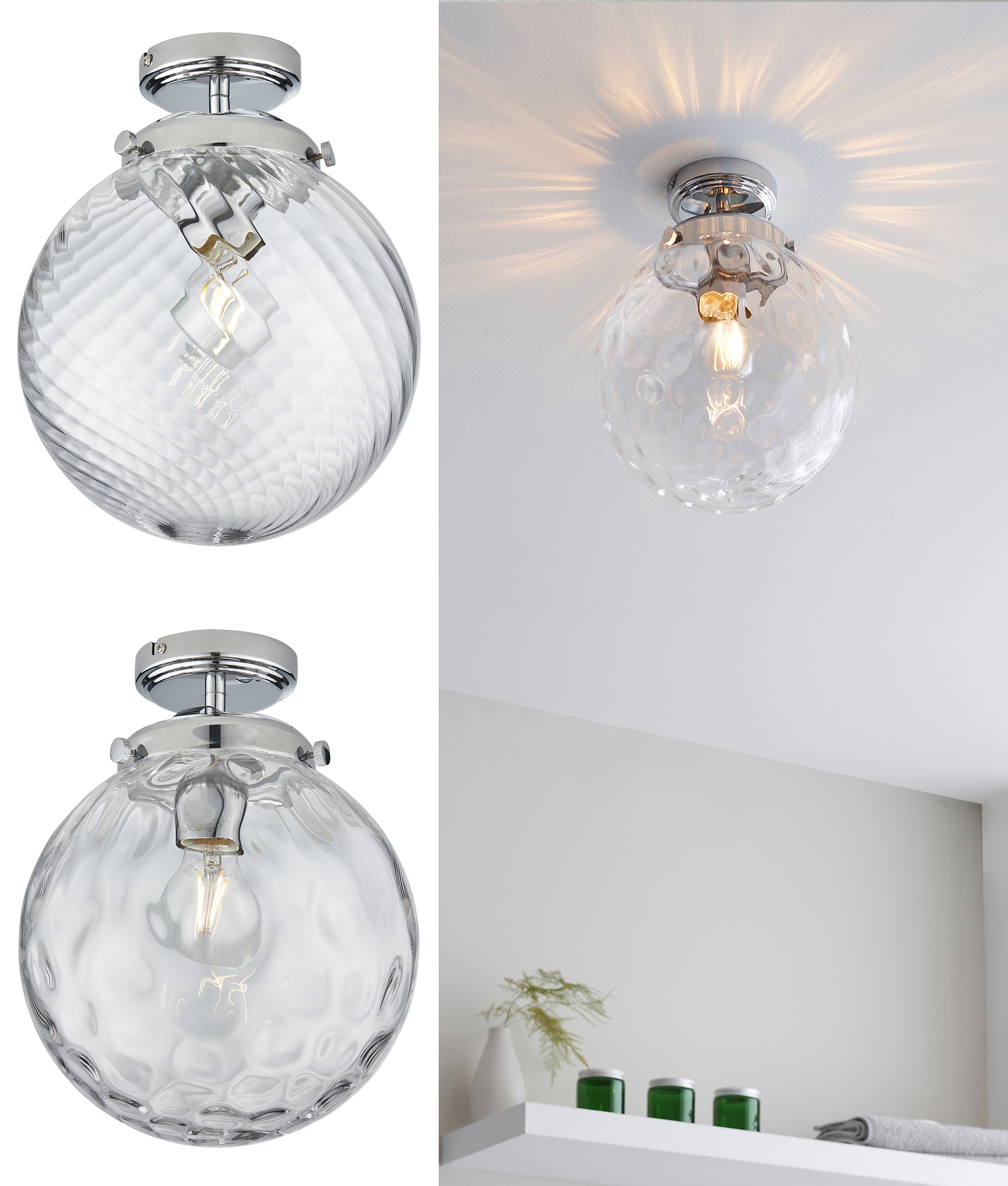 IP44 Globe Ceiling Light For Bathrooms - Clear Glass with Chrome Semi ...