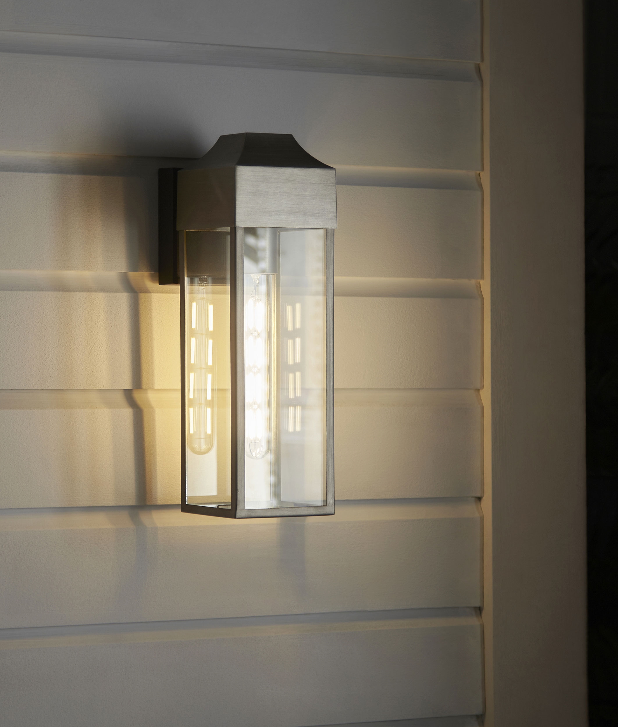 Box Framed Entrance Door Wall Light on Short Bracket - Brushed Silver