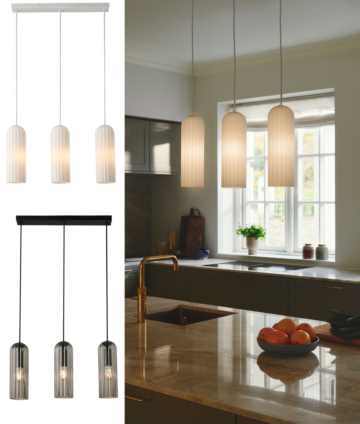 Glass Triple Pendant Bar Light - Sits Flush to Ceiling - White or Smoked