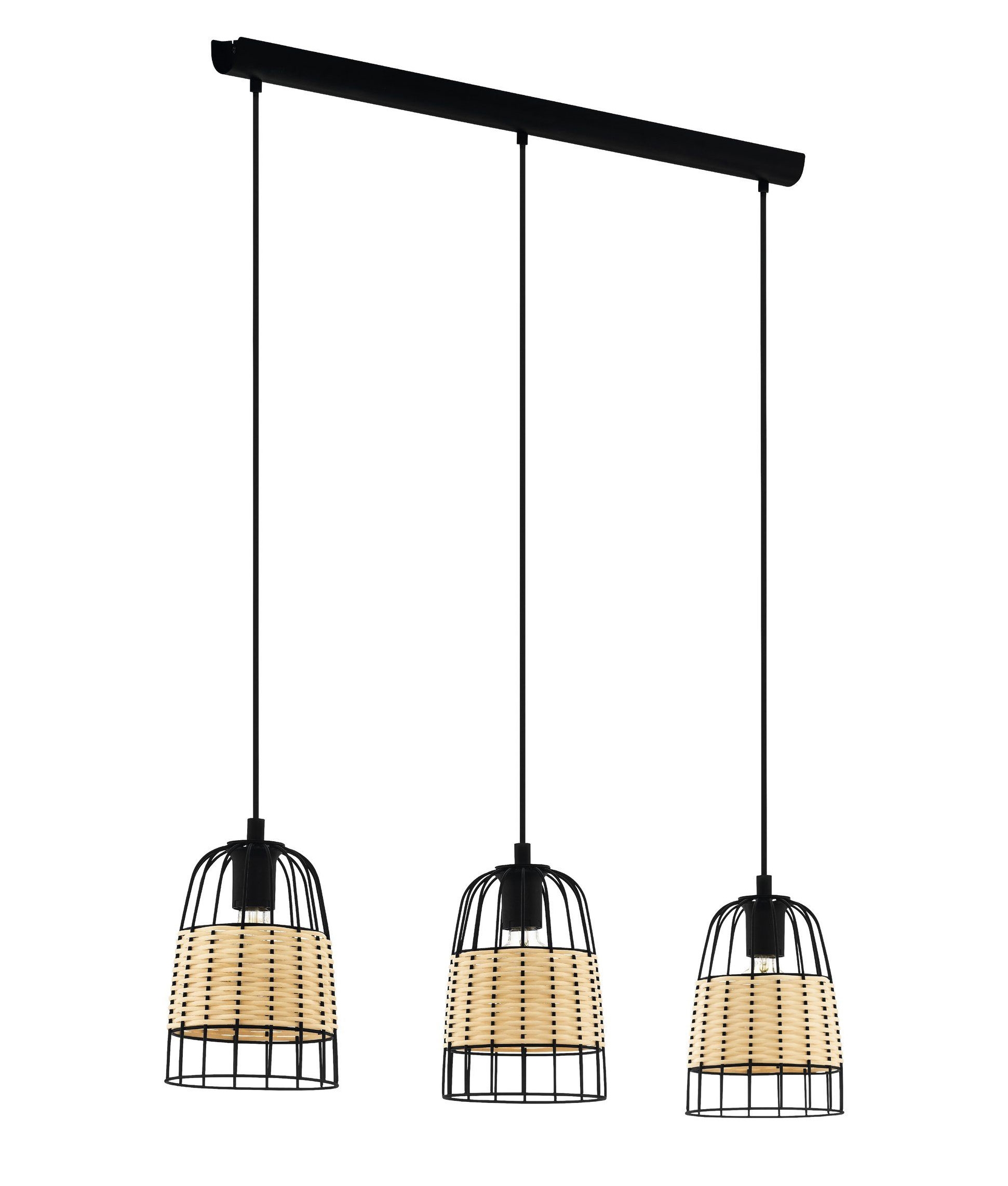 Boho Triple Bar Black and Rattan Hanging Ceiling Light