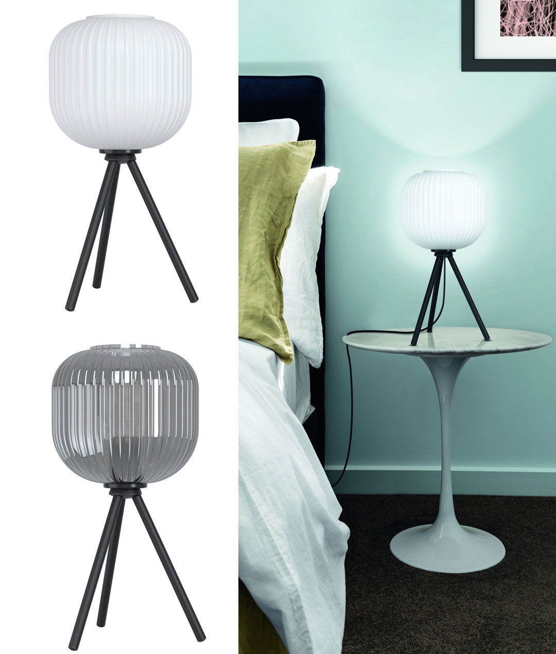 Tripod Black Base Table Lamp with Ribbed Glass Shade