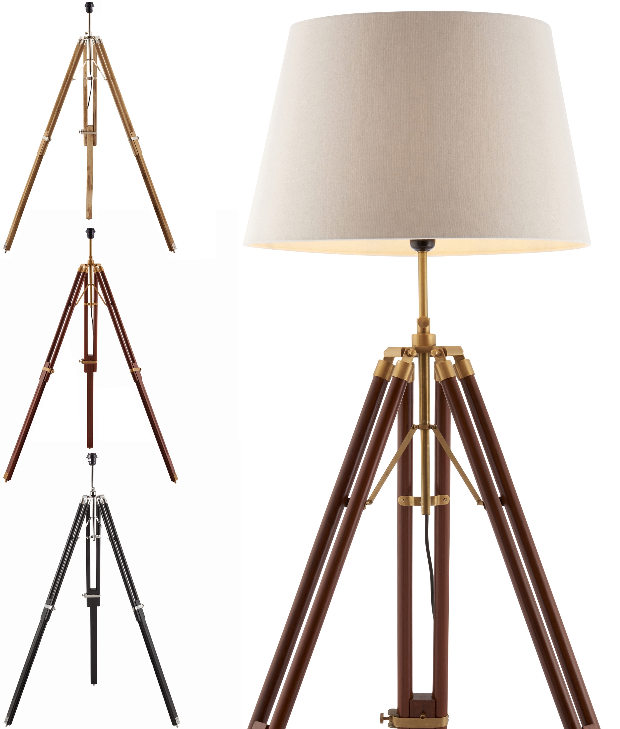 Contemporary Adjustable Tripod Wood Floor Lamp - 3 Finishes & Optional Shade