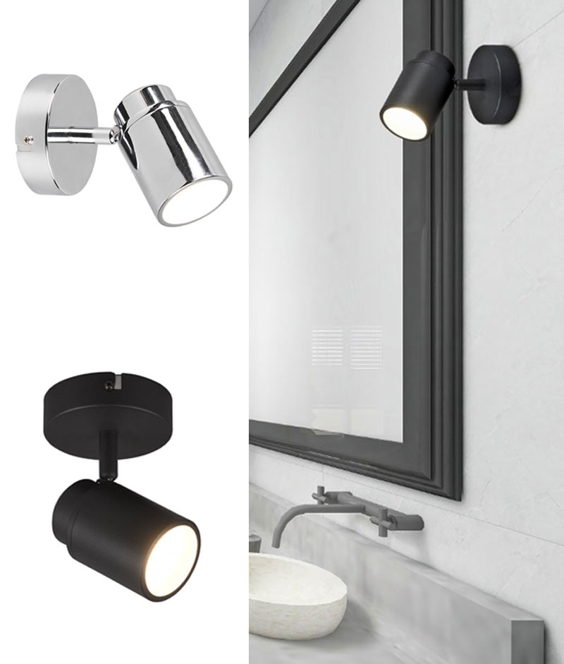 Chrome or Black Finish Adjustable Single Spot Light for Bathroom