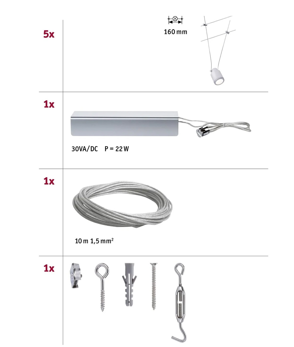 LED White and Chrome Tension Wire Kit - 5 Metre Span