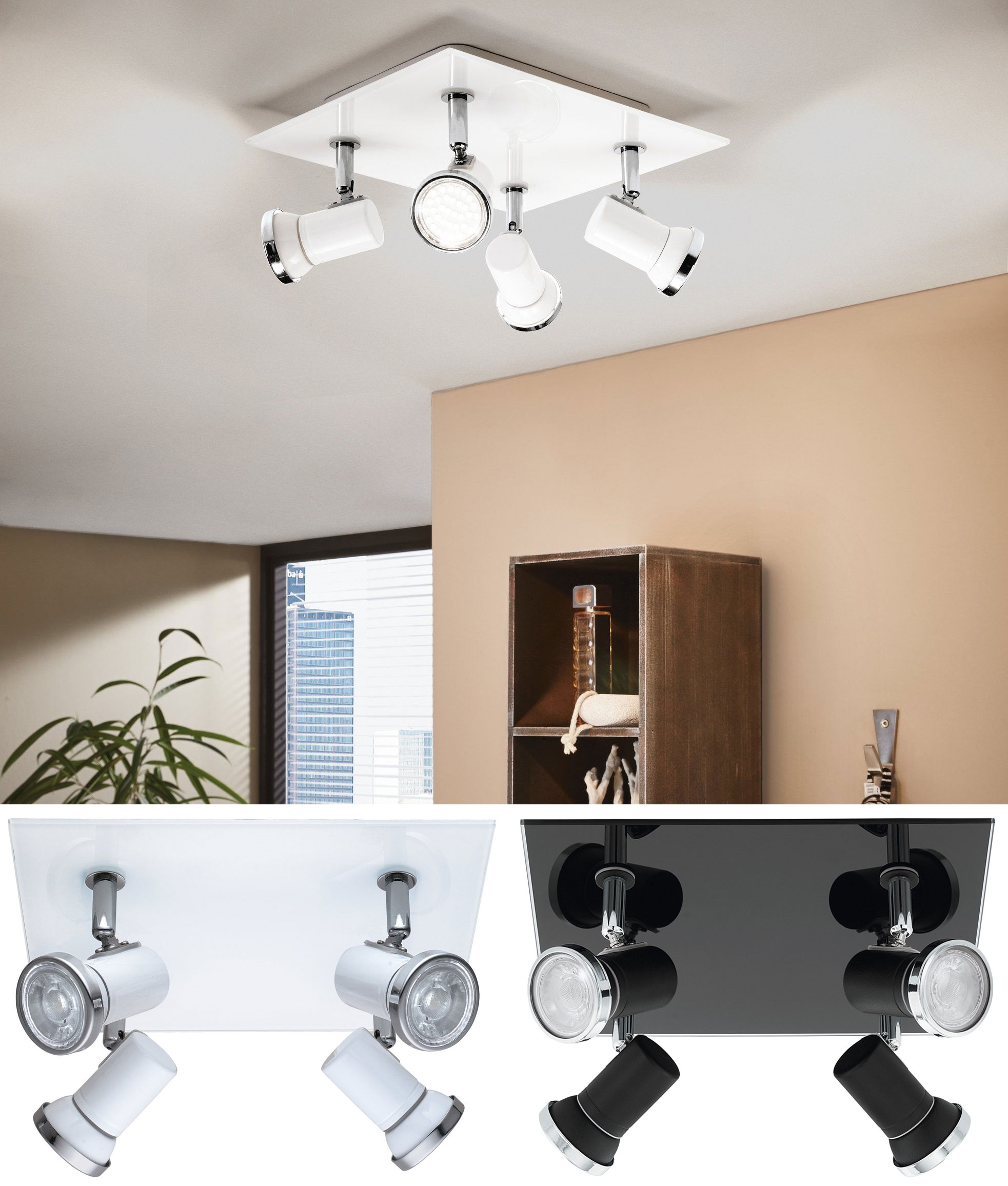 Square Ceiling Spotplate with 4 Adjustable Spotlights - White or Black ...