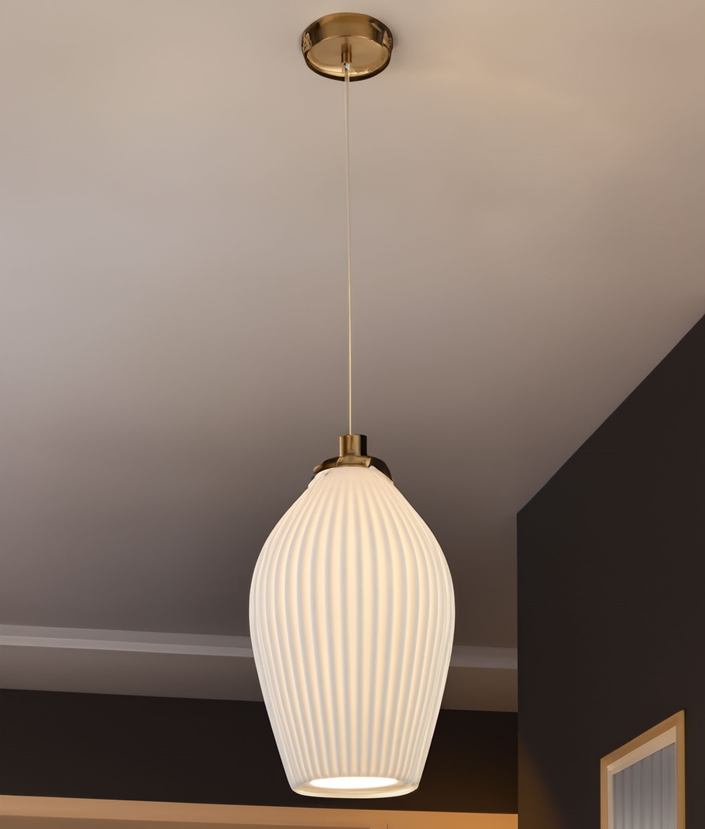 White Ceramic Ribbed Shade Pendant in White with Antique Brass Detailing