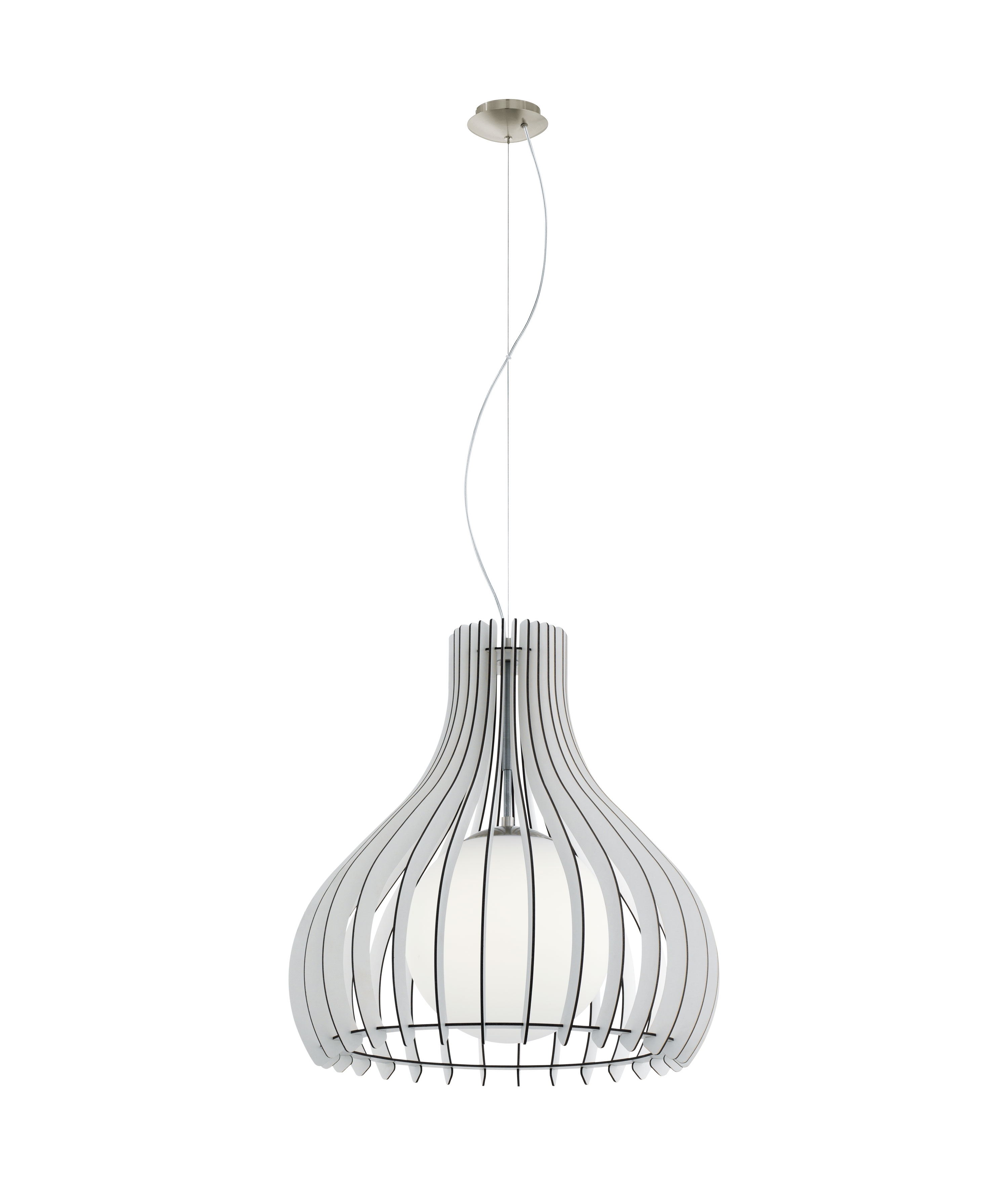 Boho Wooden Slat Ceiling Light with Inner Opal Globe Shade