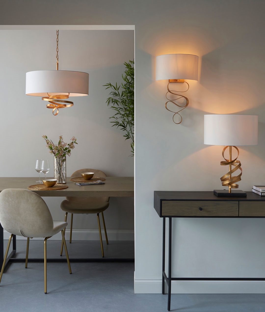 Ivory Cotton Half Shade Gold Leaf Ribbon Wall Light