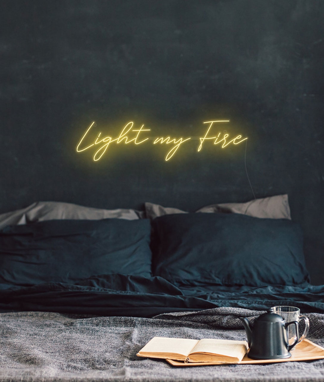 Neon Words Light My Fire in Red on a Wall Sign